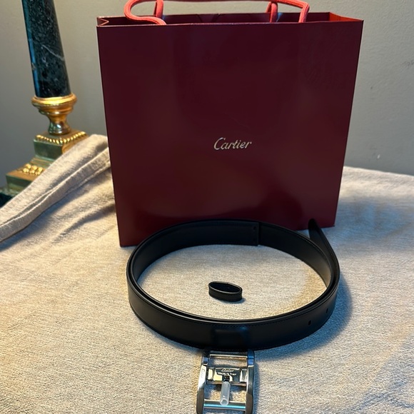 Cartier | Accessories | Cartier Black Leather Belt With Silver Buckle ...